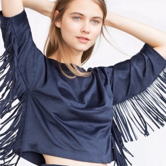 Zara | Tops | Zara Navy Blue Suede Fringe Top | Poshmark